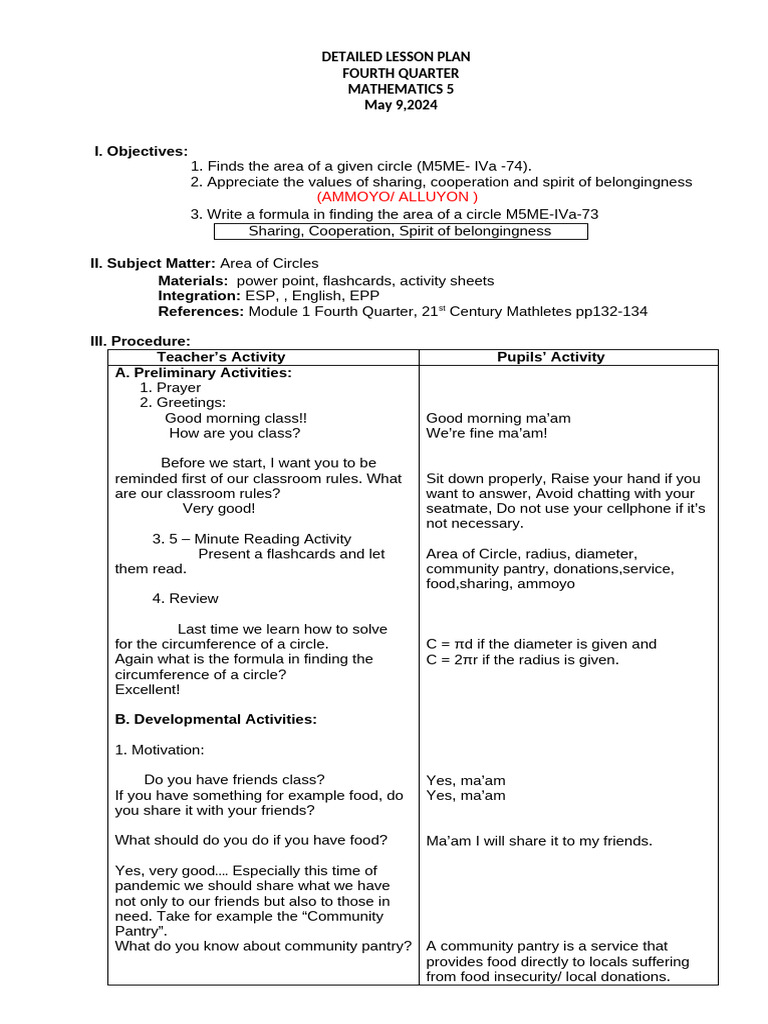 DEMONSTRATION LESSON PLAN Math | PDF