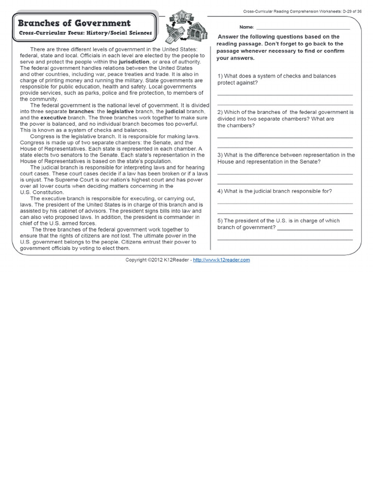 Branches of Government _ 4th Grade Reading Comprehension Worksheet | PDF