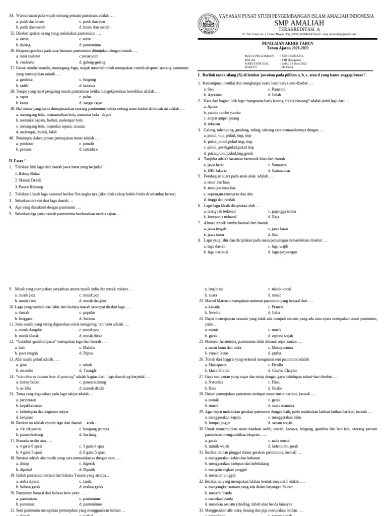 SENIN SOAL PAT SENI BUDAYA KLS 8 2021-2022 V | PDF