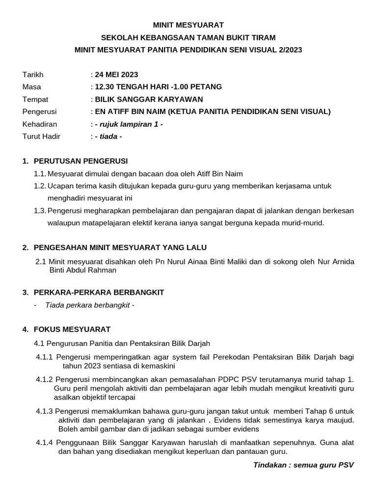 Minit Mesyuarat Panitia PSV Bil 2-2023 | PDF