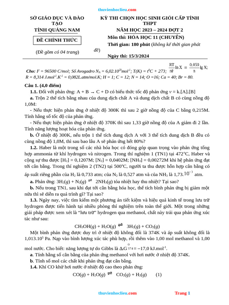 De Thi HSG Hoa 11 Quang Nam 23 24 | PDF