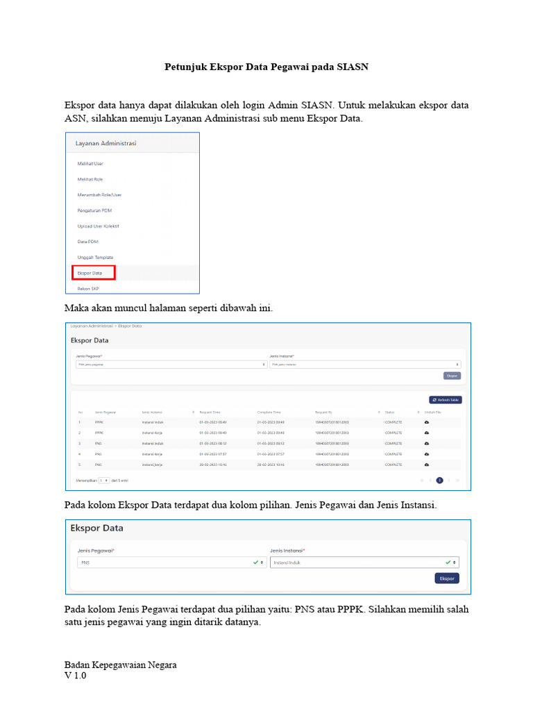 Petunjuk Ekspor Data SIASN | PDF