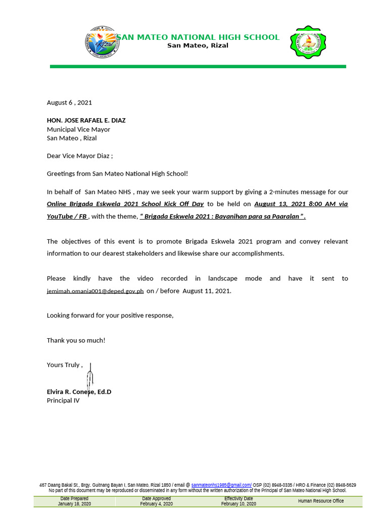 Letter of Invitation For BE2021 School Kick Off Day For VMayor Paeng Diaz | PDF