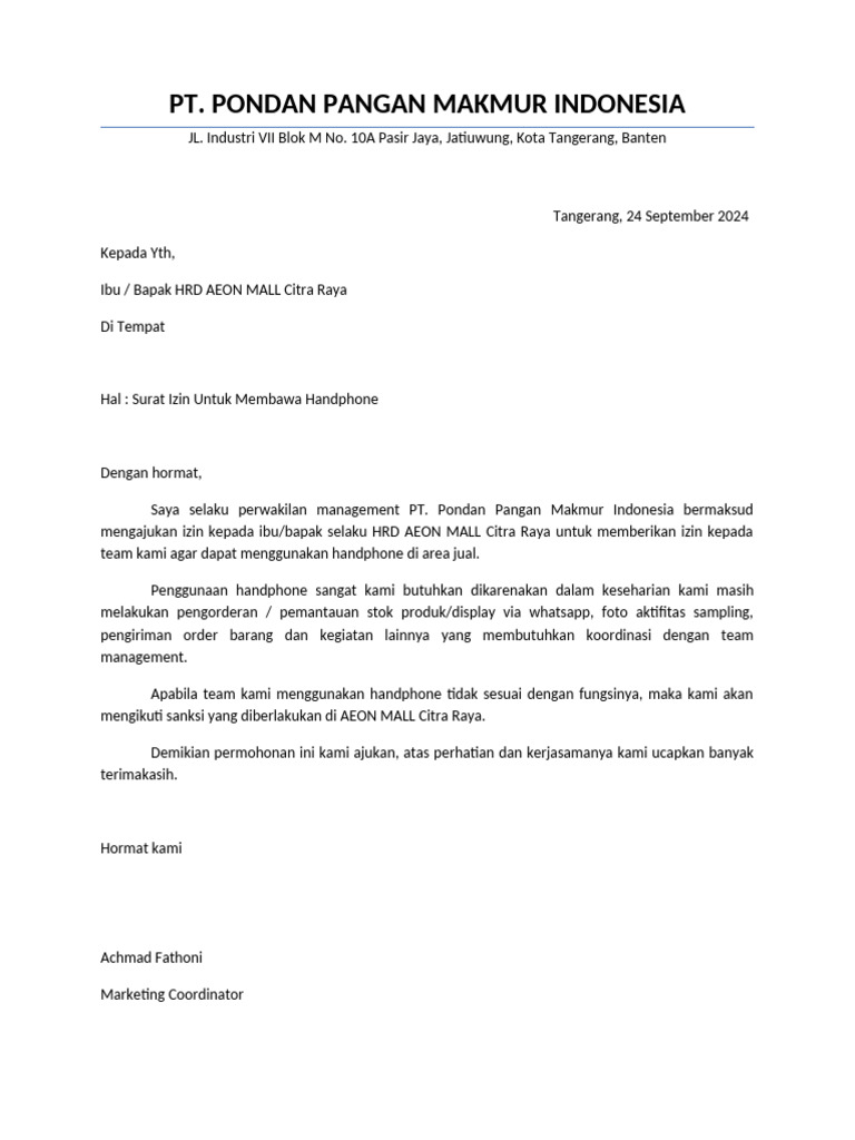 Surat Izin HP Aeon Alsut | PDF