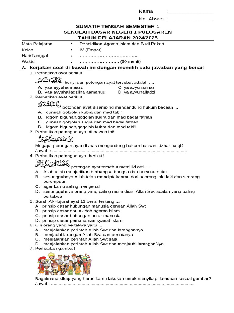 Soal PTS 1 Pai Kelas 4 - 24-25 Fix | PDF
