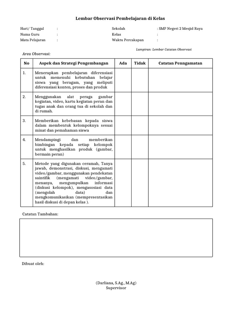 2 - Lembar Observasi Pembelajaran Di Kelas | PDF