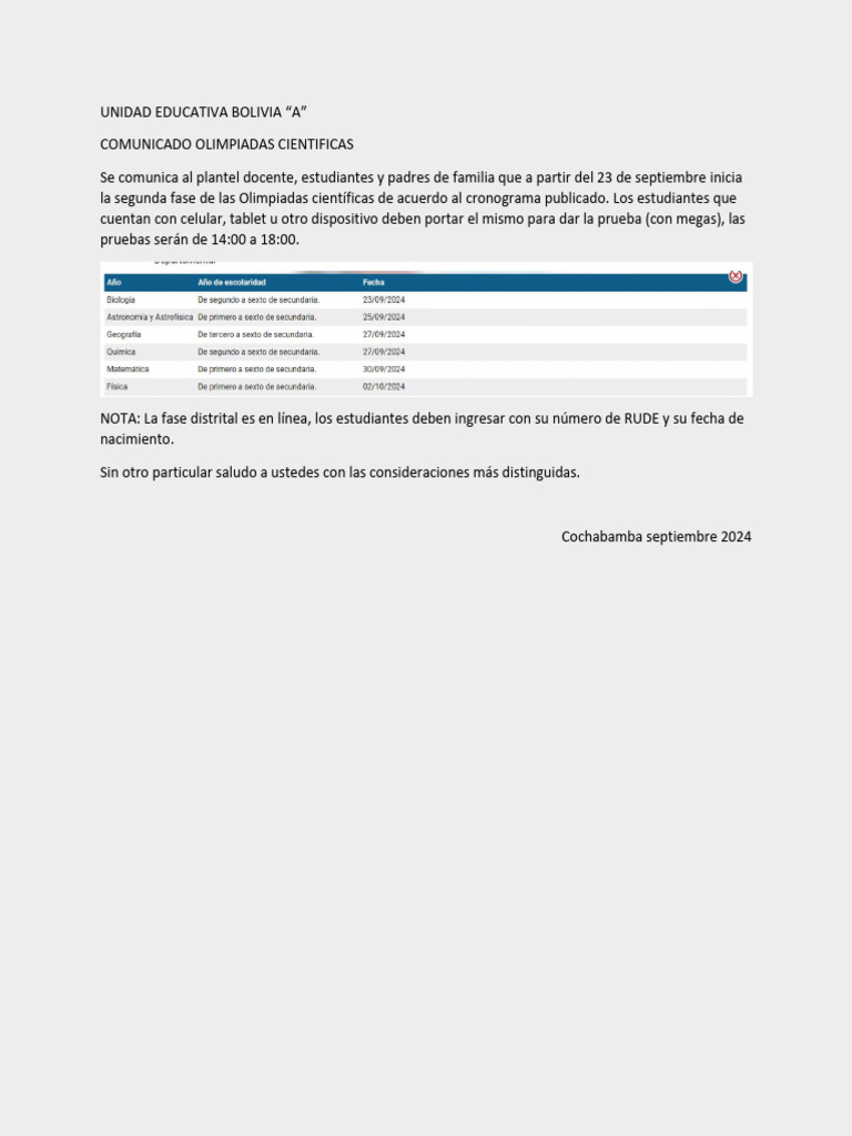 Comunicado Olimpiadas | PDF