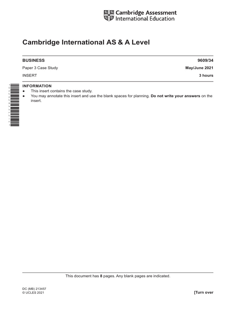 Cambridge International AS & A Level: BUSINESS 9609/34 | PDF