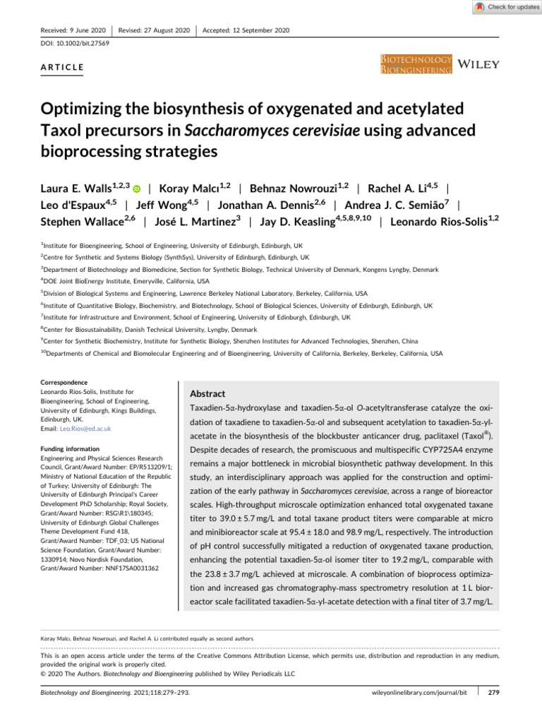 Biotech Bioengineering - 2020 - Walls - Optimizing The Biosynthesis of ...