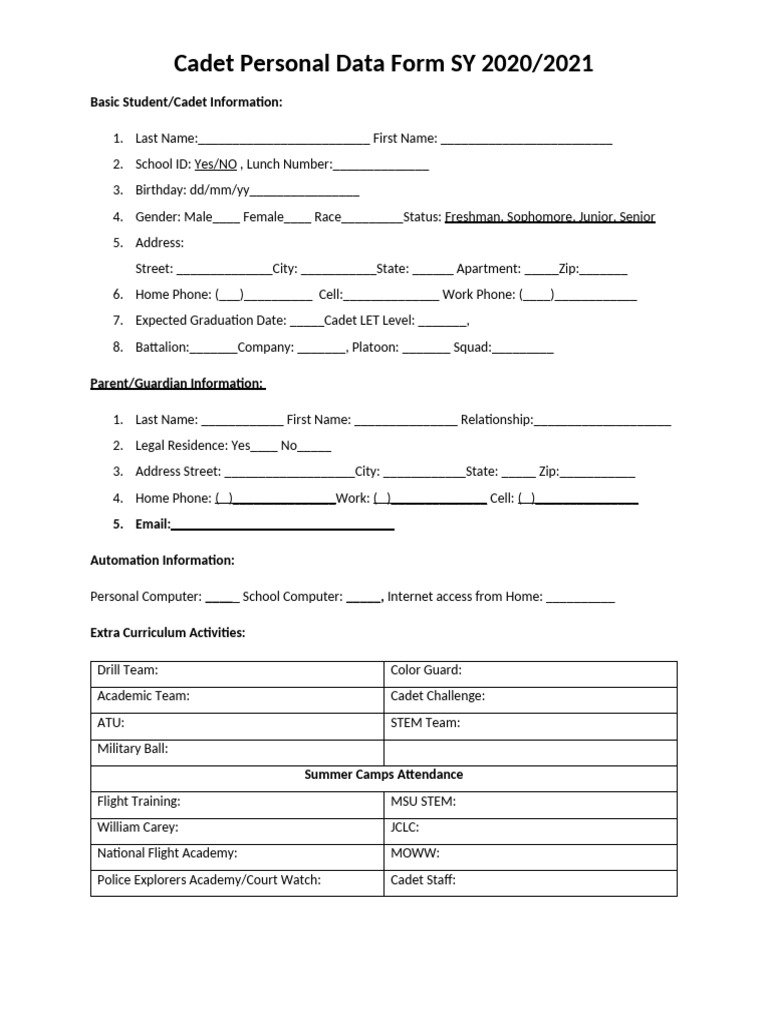 JROTC Personal Data Form SY 2020-2021 | PDF