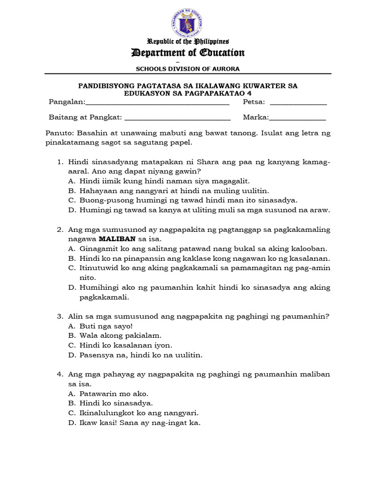 Esp 4 Q2 Exam-Edited | PDF