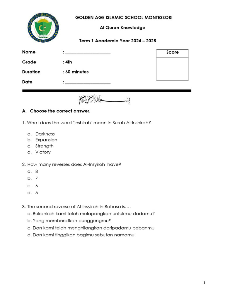 Soal Quran Knowledge Grade 4 | PDF