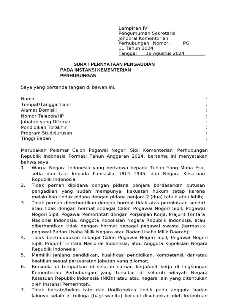 Format Surat Pernyataan Pengabdian Pada Instansi Kementerian ...