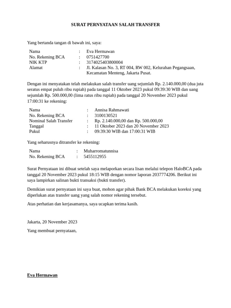 Surat Pernyataan Salah Transfer | PDF