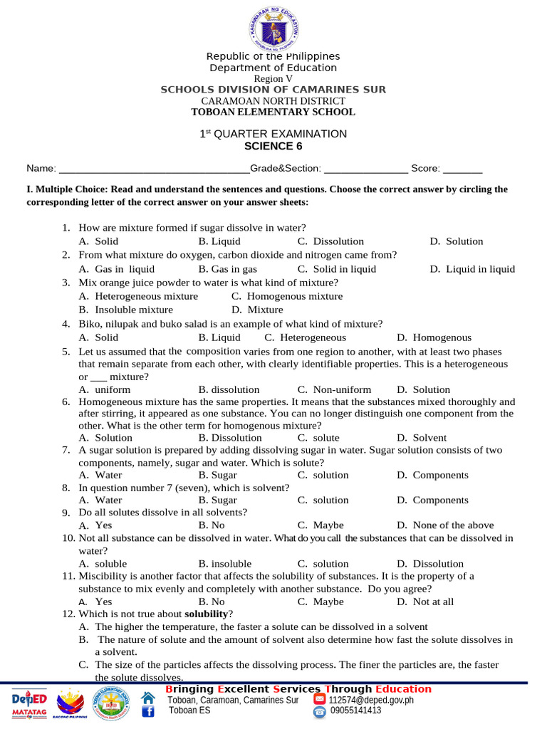 Grade 6 First Quarter Examination in Science | PDF | Mixture ...