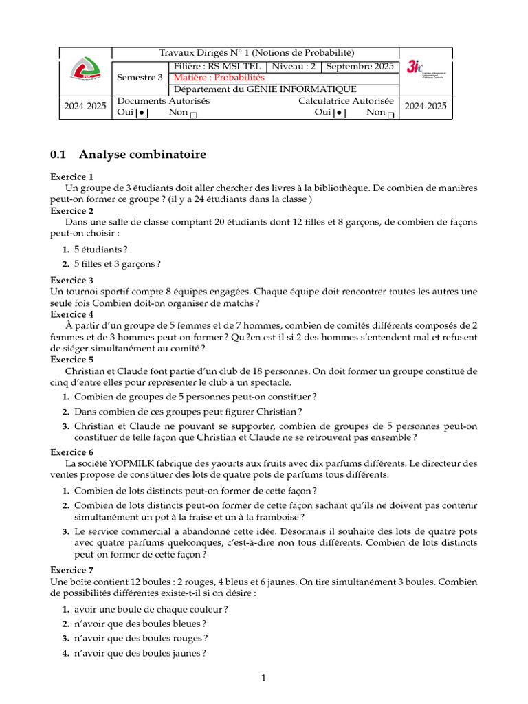 TD1 Denom Proba RS2 MSI2 TEL2 2024 2025 | PDF