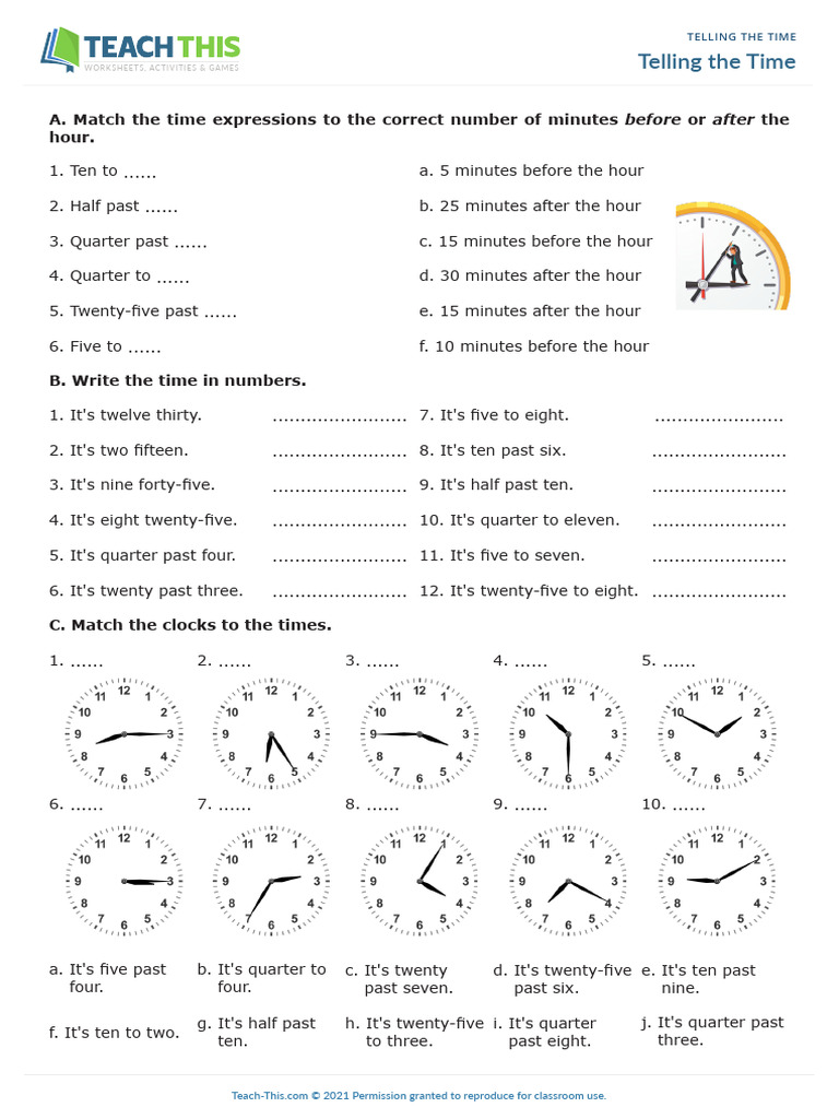 Telling The Time Worksheet | PDF