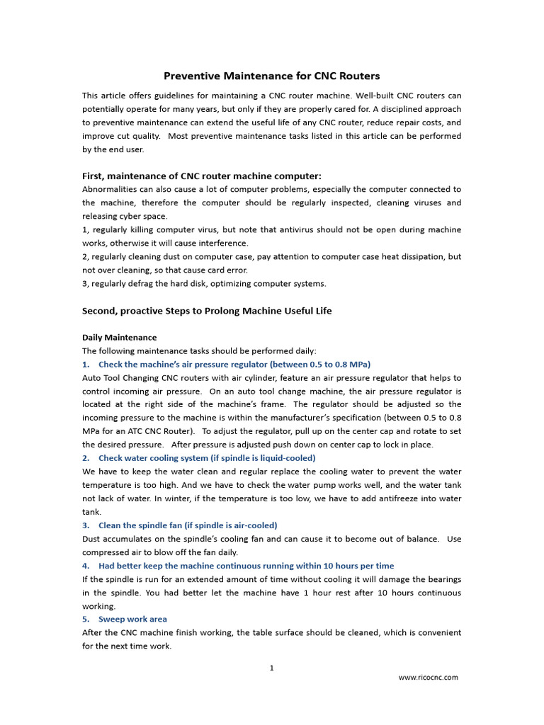 Preventive Maintenance For CNC Routers | PDF