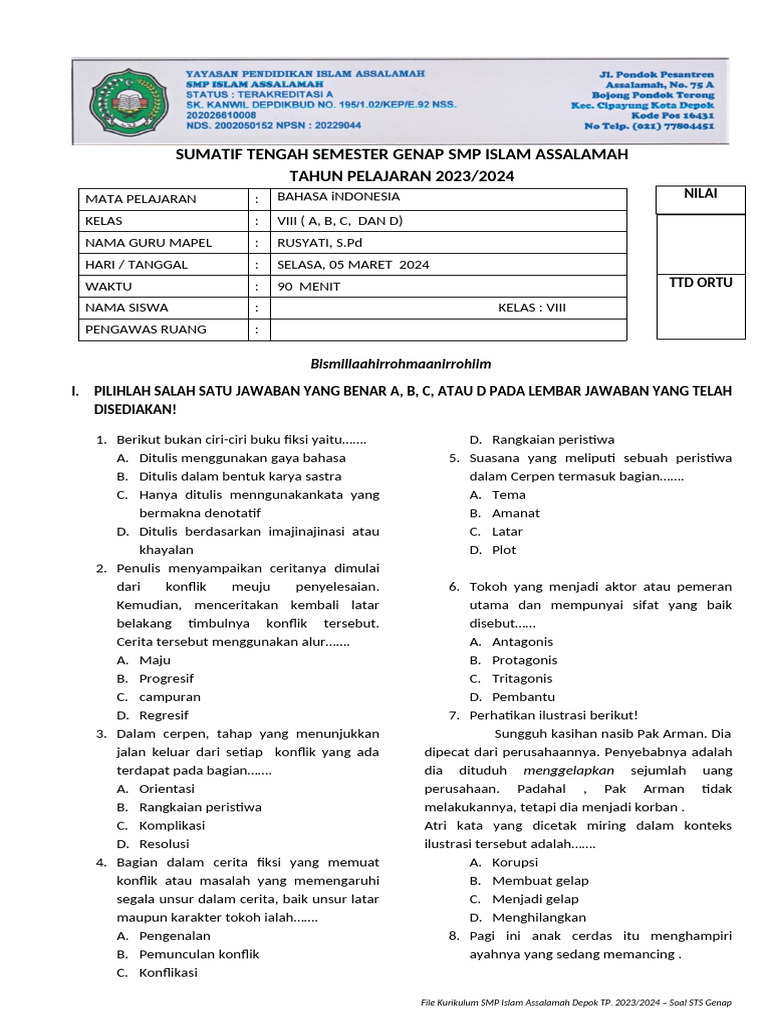 Soal Sts Bahasa Indonesia Genap Kelas 8 (A, B, C Dan D) 23-24 (Rusyati) | PDF