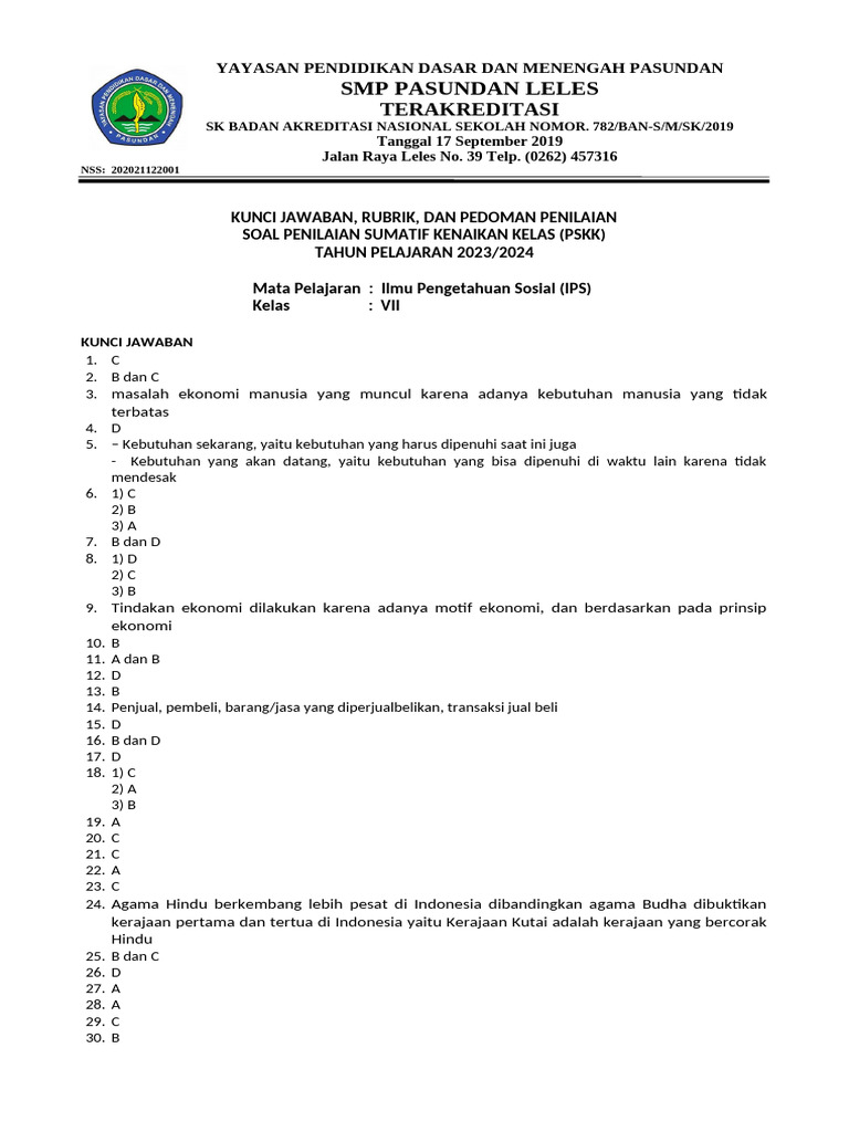 Kunci Jawaban IPS Kelas VII 2023/2024 | PDF