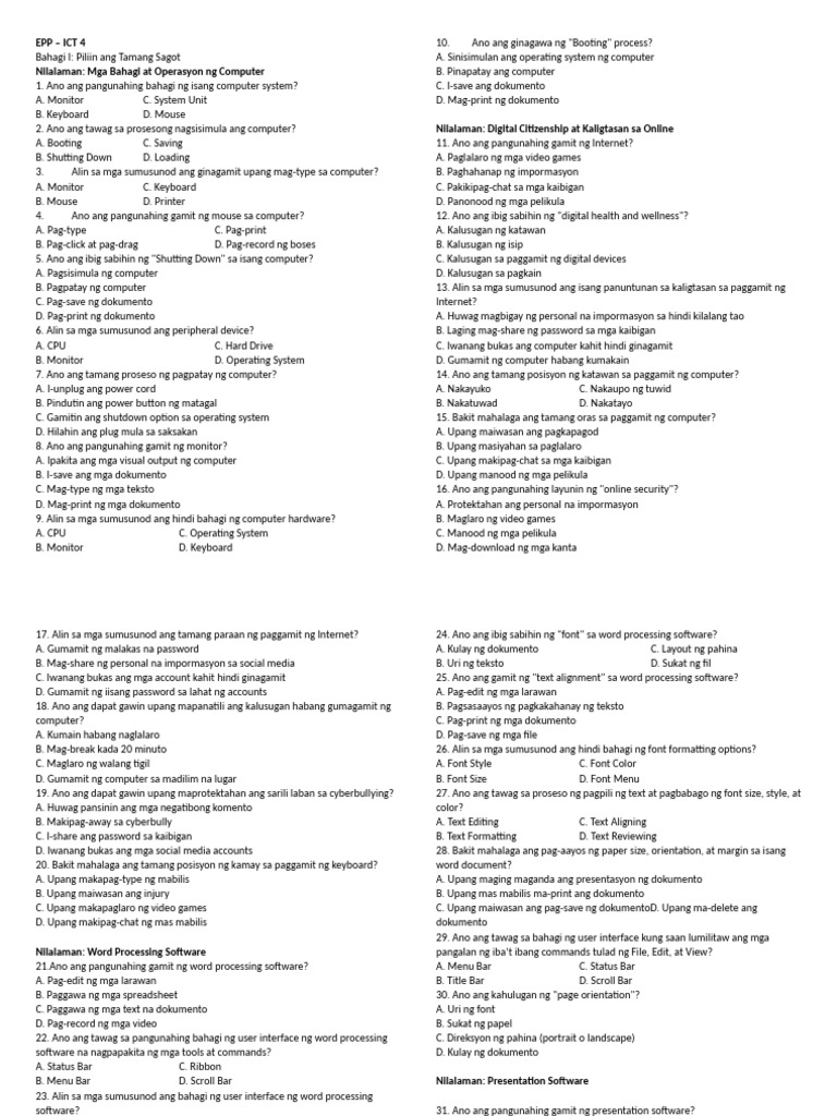 Epp - Ict 4 Nilalaman: Mga Bahagi at Operasyon NG Computer | PDF