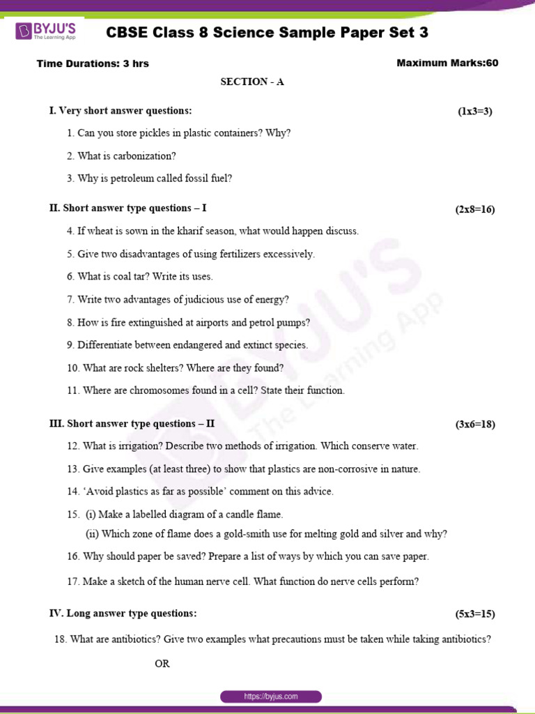 CBSE Class 8 Science Sample Paper Set 3 (1) | PDF