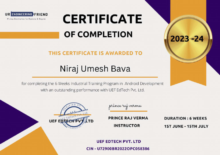 Ur Engineering Friend Industrial Training Certificate | PDF