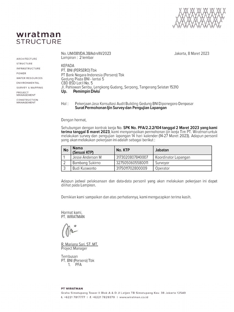 Surat Mohon Ijin Tim Kerja BNI Diponegoro Denpasar | PDF
