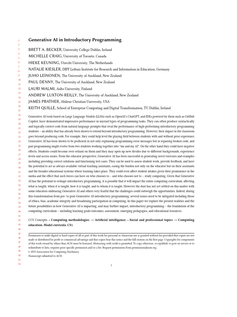 Generative AI in Introductory Programming | PDF