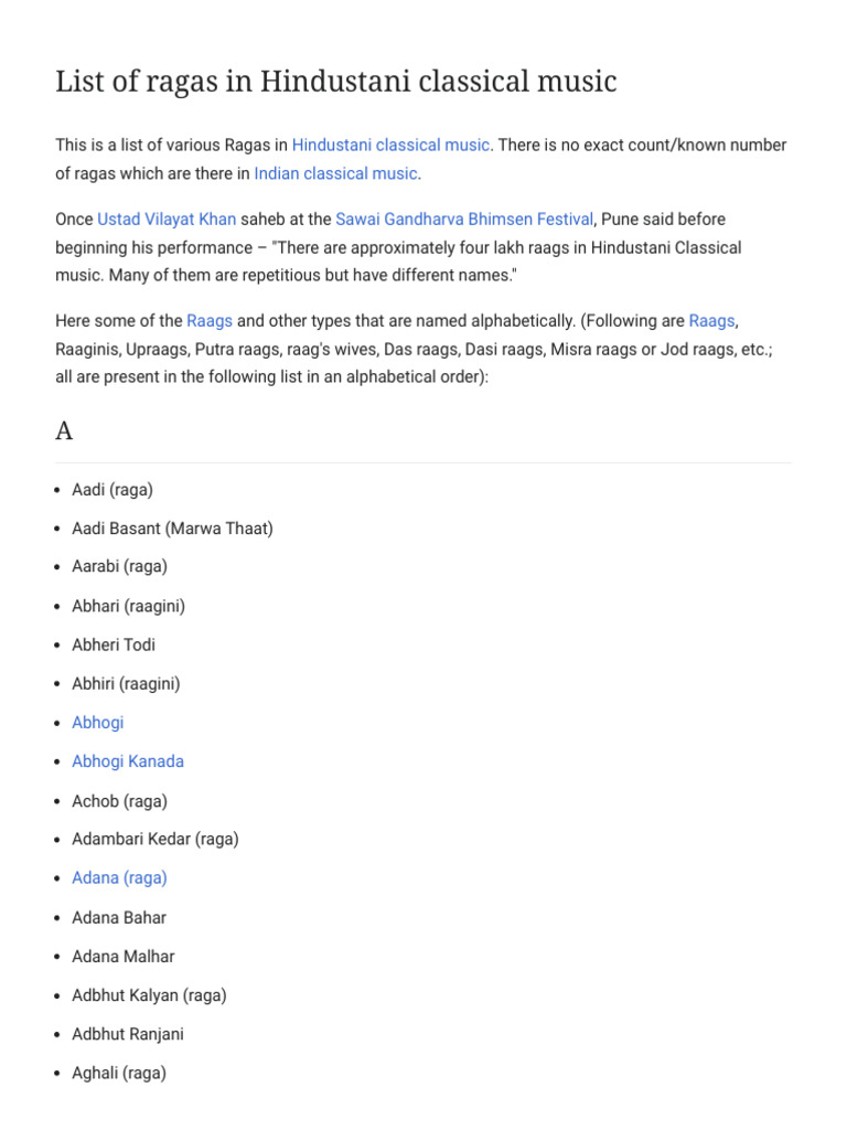 List of Ragas in Hindustani Classical Music | PDF
