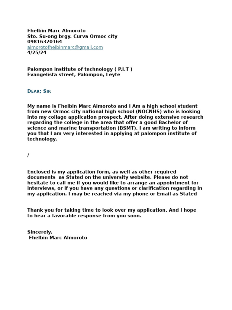 College Application Letter | PDF