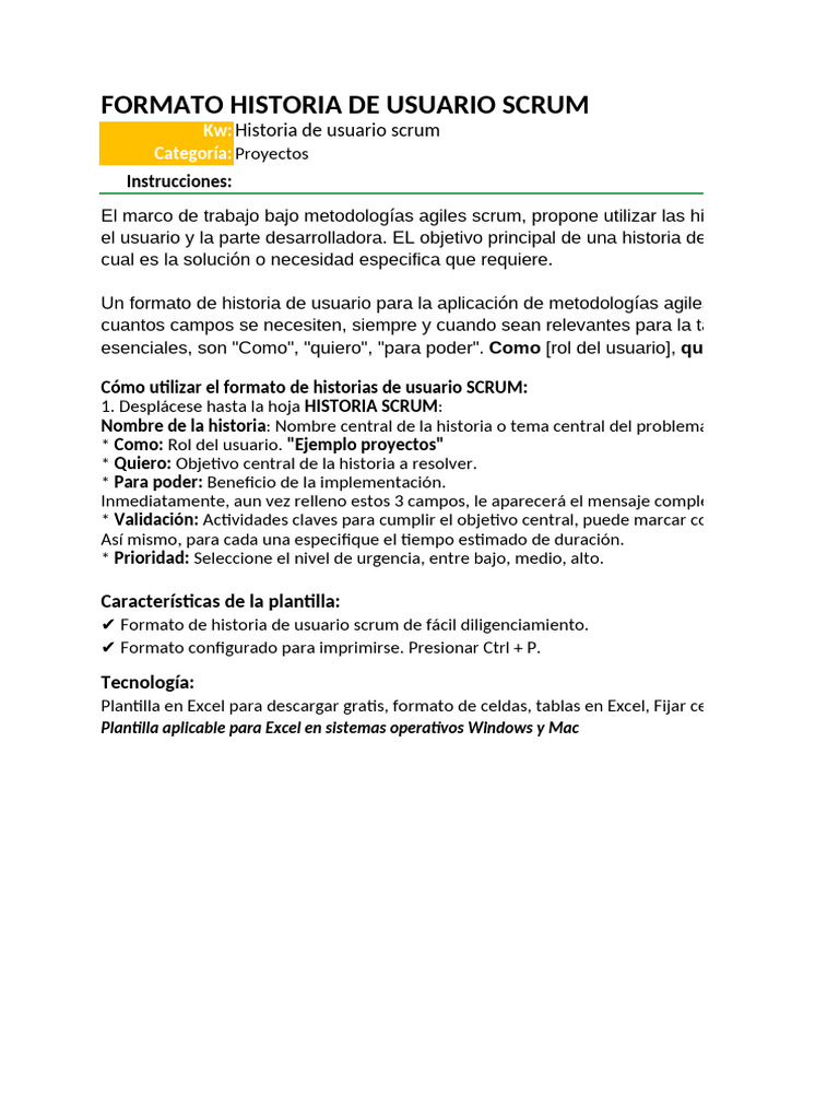 Plantilla-Historias de Usuario Scrum (1) (Version 1) .XLSB | PDF