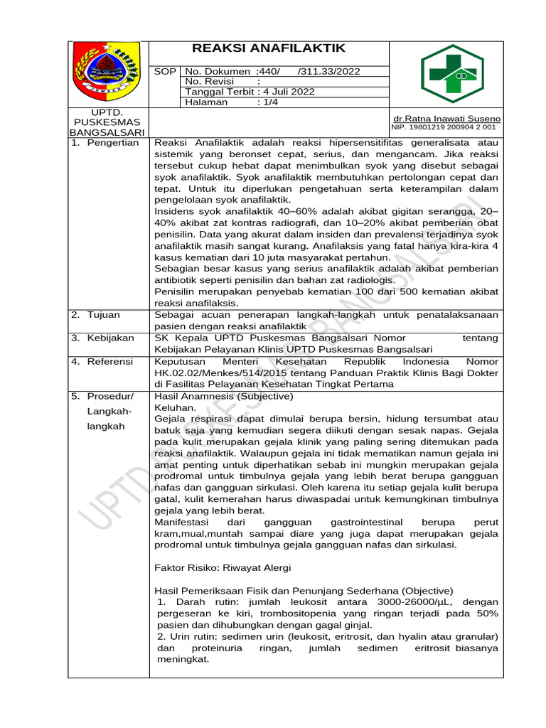 Sop Reaksi Anafilaktik | PDF