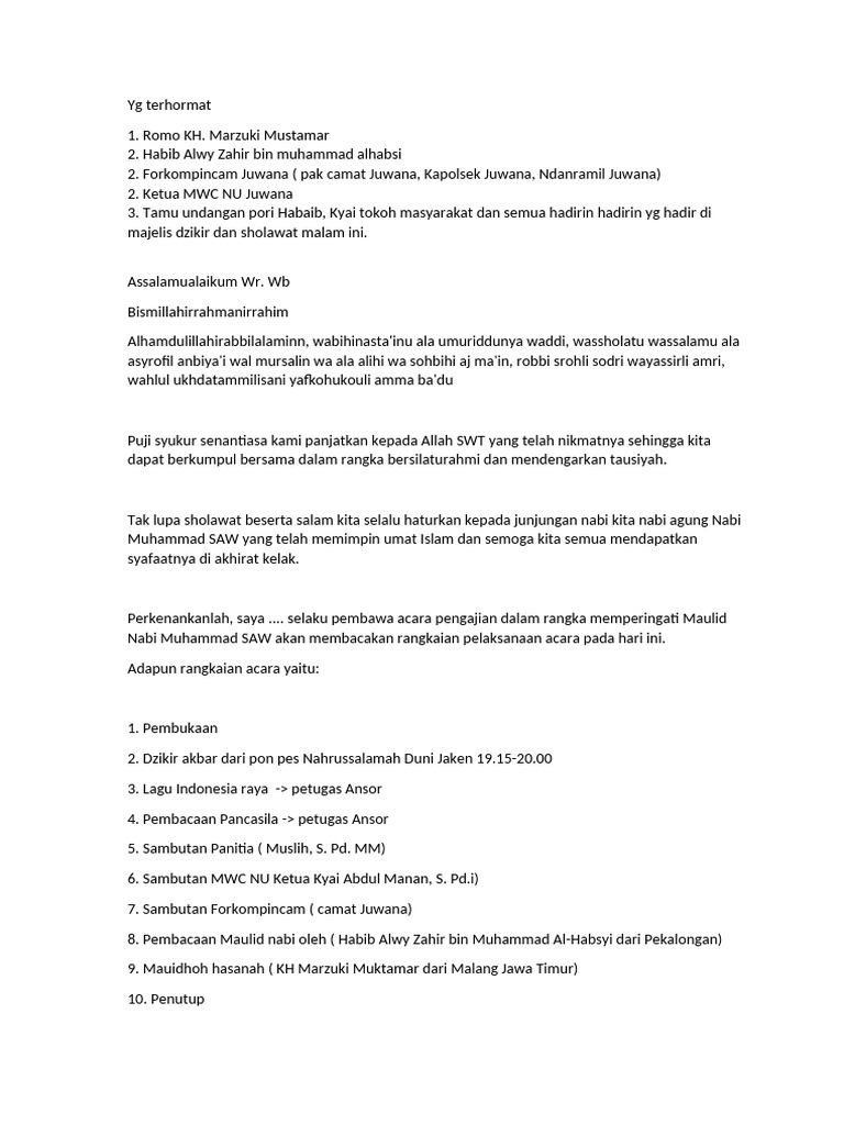 Teks MC Acara Juwana Bersholawat | PDF
