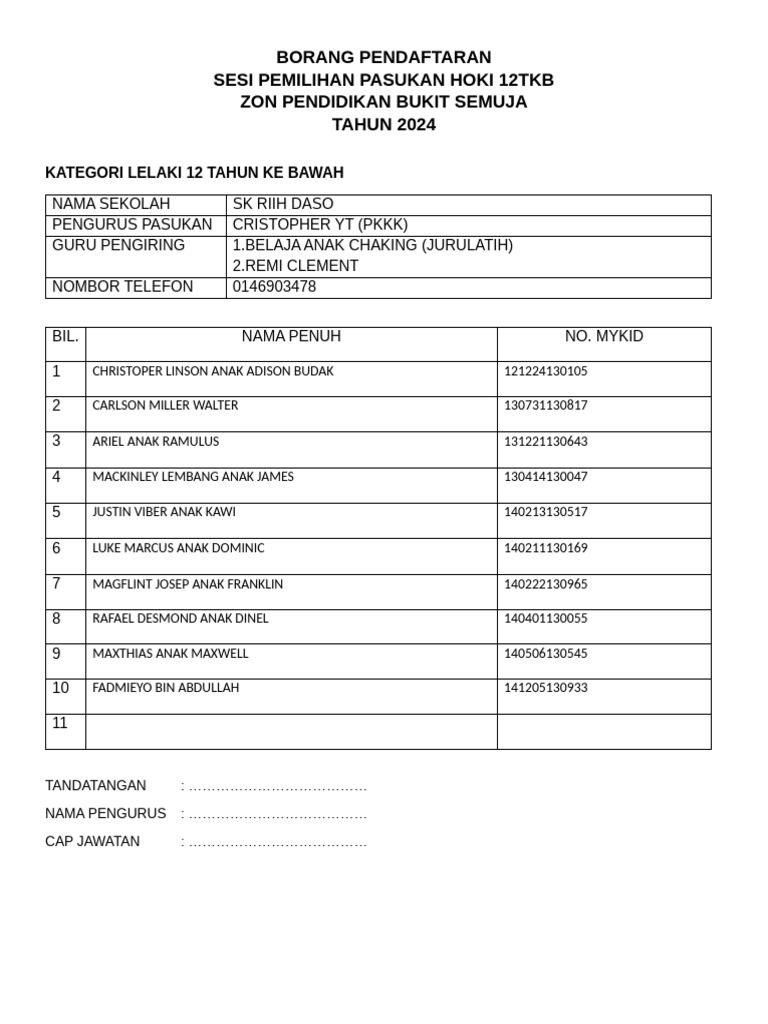 Borang Pendaftaran-Pemilihan Pasukan Hoki 12TKB SK Riih Daso | PDF