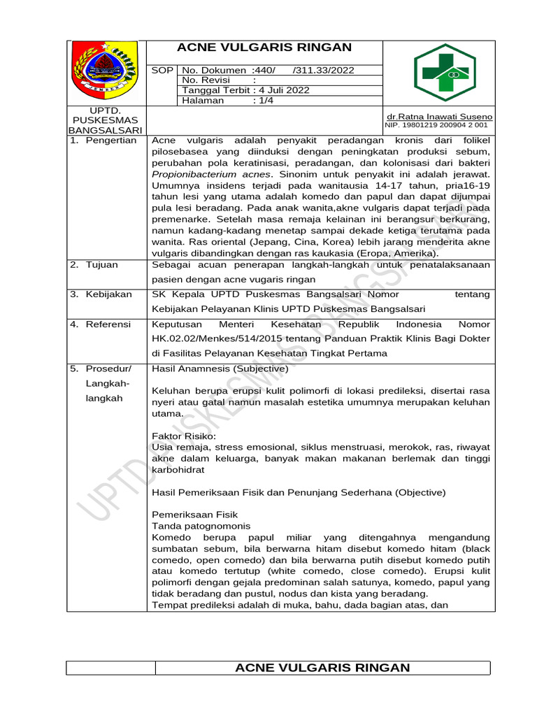 Sop Acne Vulgaris Ringan | PDF