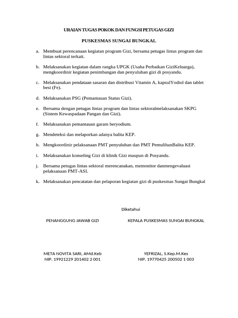 Uraian Tugas Pokok Dan Fungsi Petugas Gizi | PDF