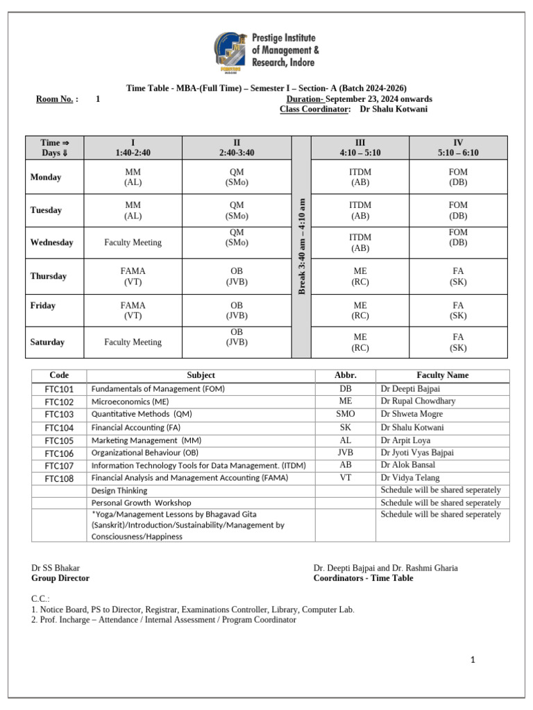 Revised I Sem Time-Table (Batch 2024-2026) | PDF | Economies | Business Economics