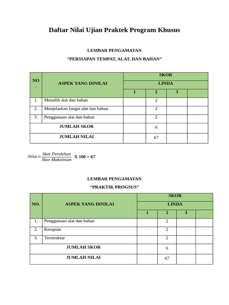 Daftar Nilai Ujian Praktek Program Khusus | PDF