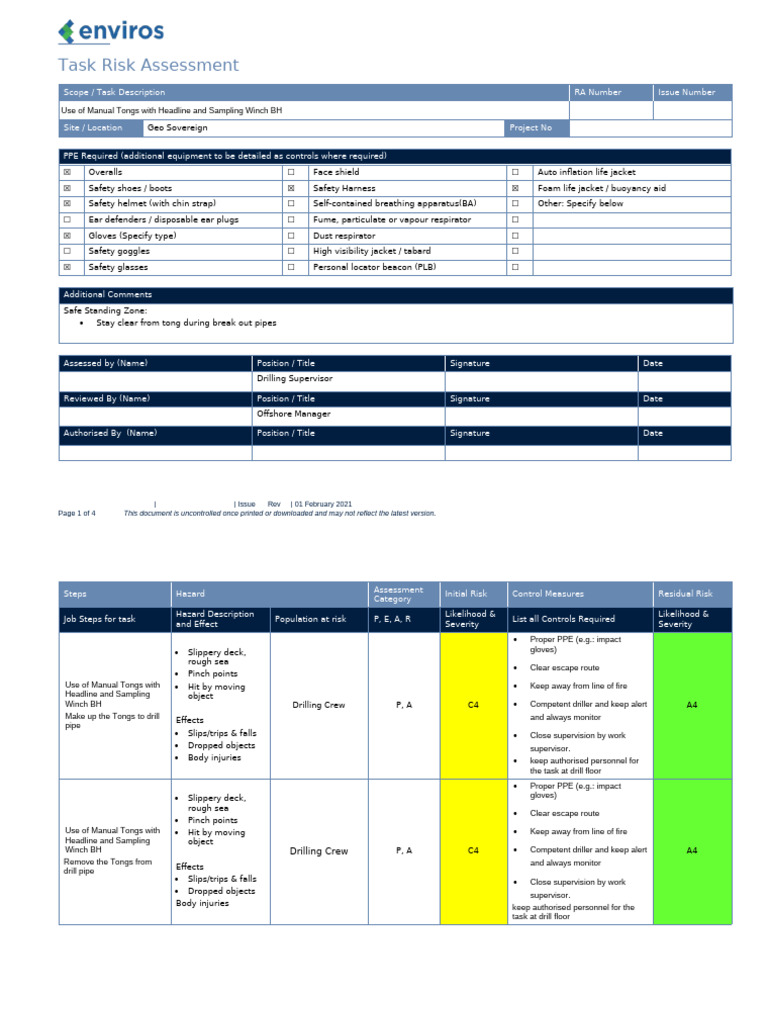 Manual Tongs Risk Assessment Guide | PDF | Personal Protective ...