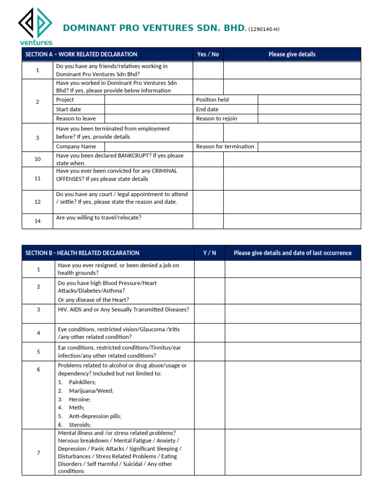 Draft Health Declaration Form | PDF