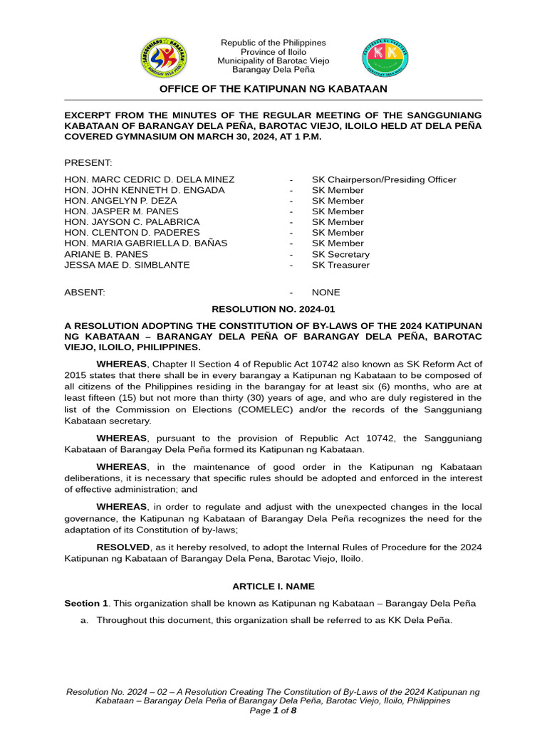KK RESOLUTION NO. 2024-01 - KK Constitution of by Laws | PDF