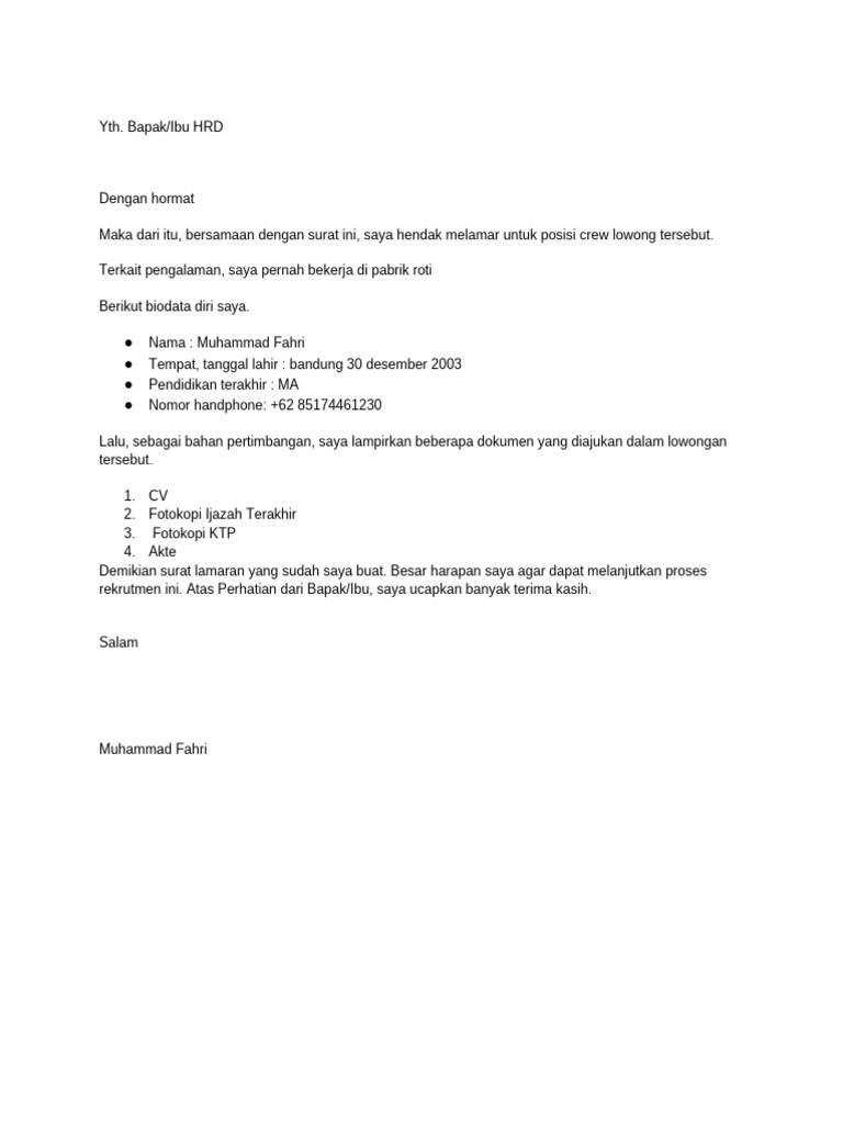 Surat Lamaran Kerja Fahri | PDF