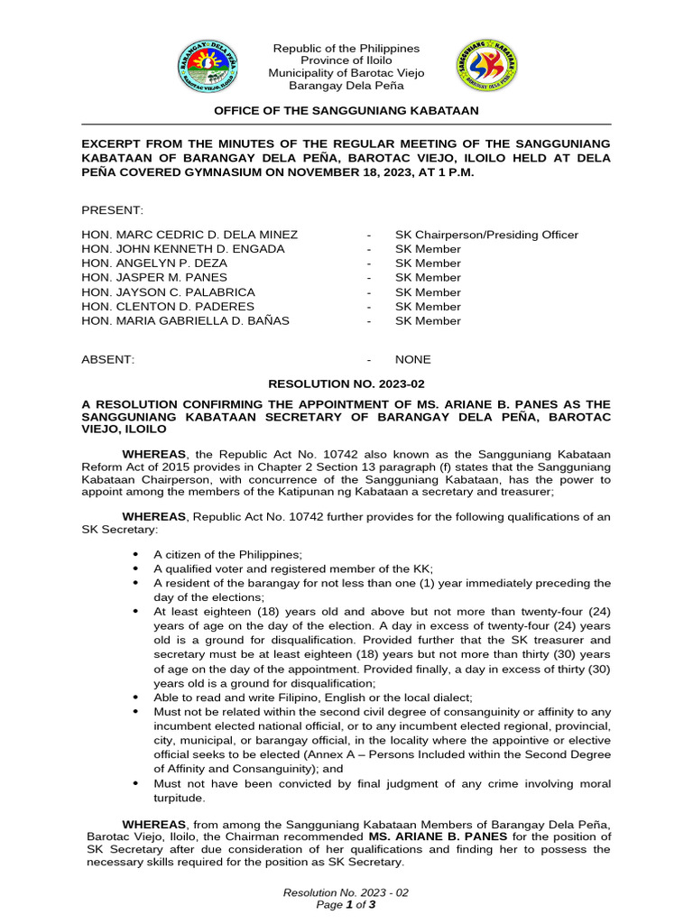 Resolution No. 2023 - 02. Resolution For Appointing SK Secretary | PDF