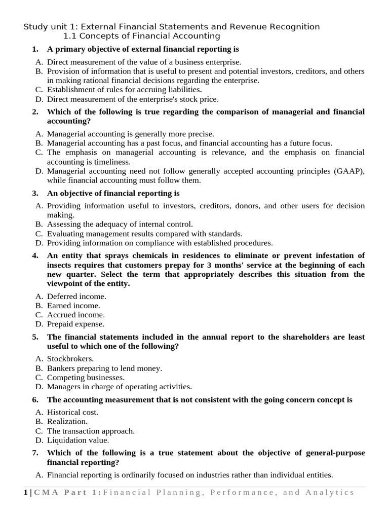 Study Unit 1: External Financial Statements and Revenue Recognition 1.1 ...