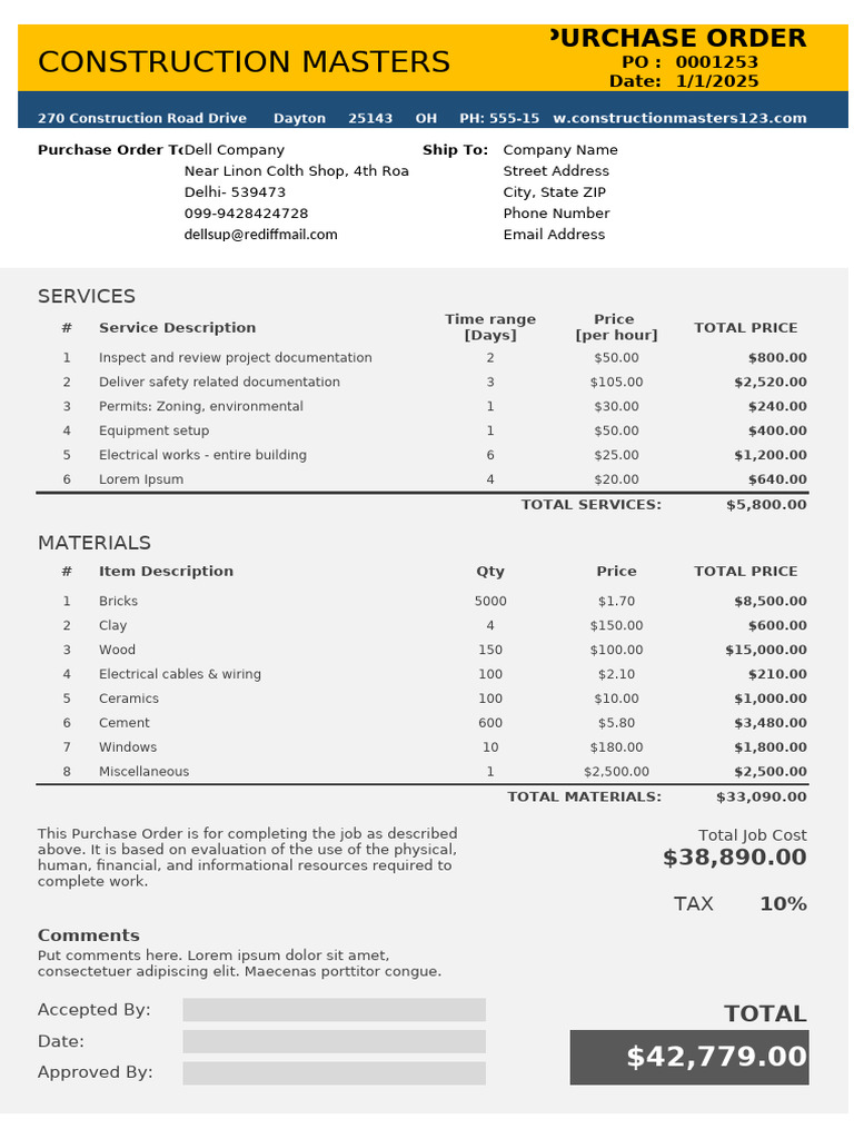 Construction Purchase Order Template | PDF