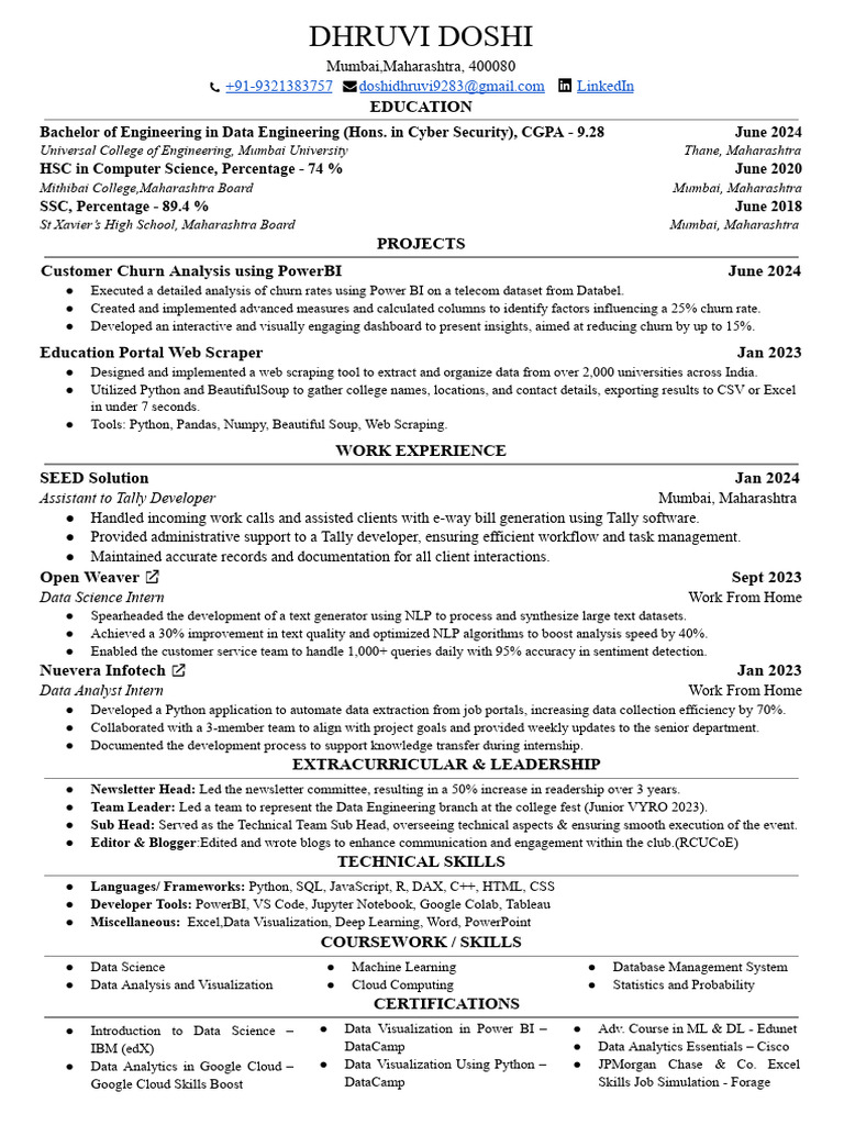 Analyst - Dhruvi Resume | PDF | Data | Data Science