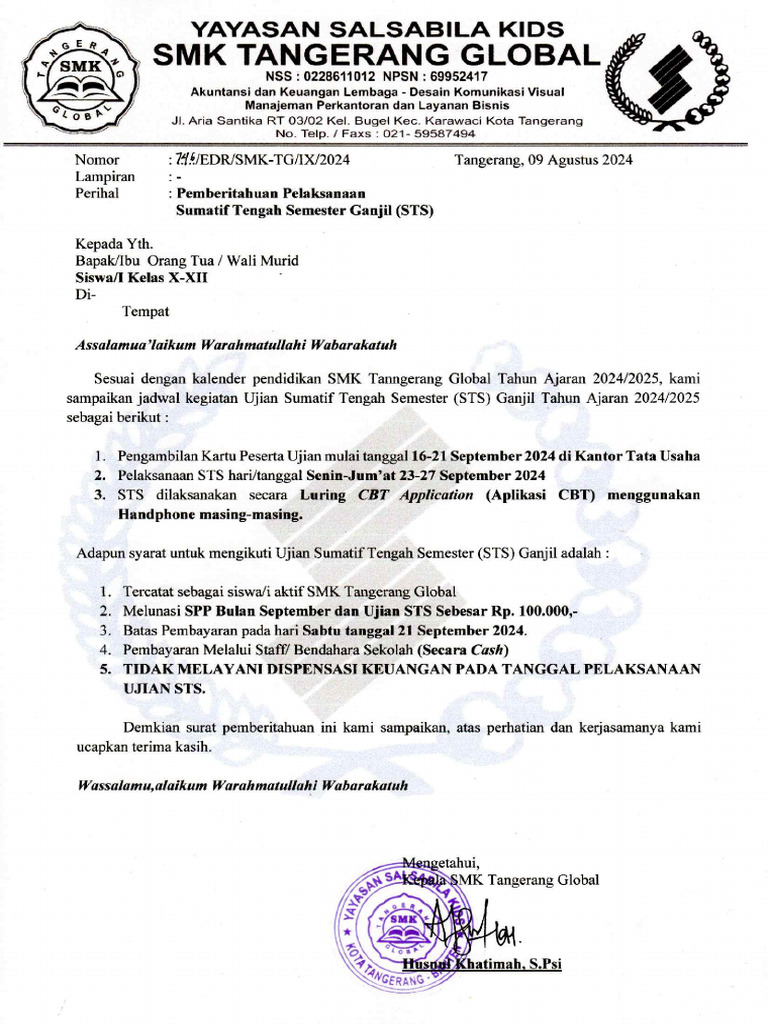 Surat Edaran STS Ganjil 2024 | PDF