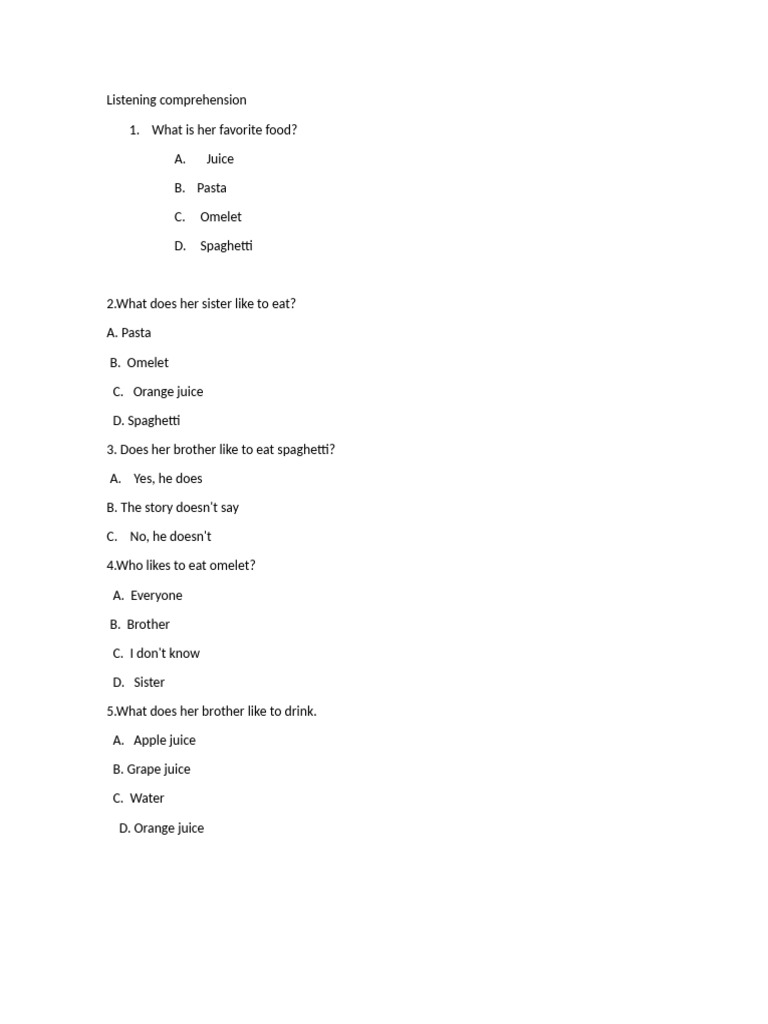 Listening Comprehension Choose The Correct Food | PDF