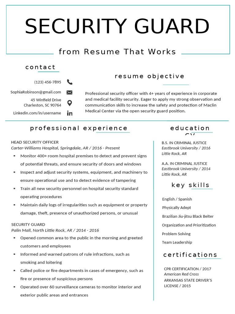 Security Guard Resume Sample - Westminster Aqua | PDF | Security Guard ...